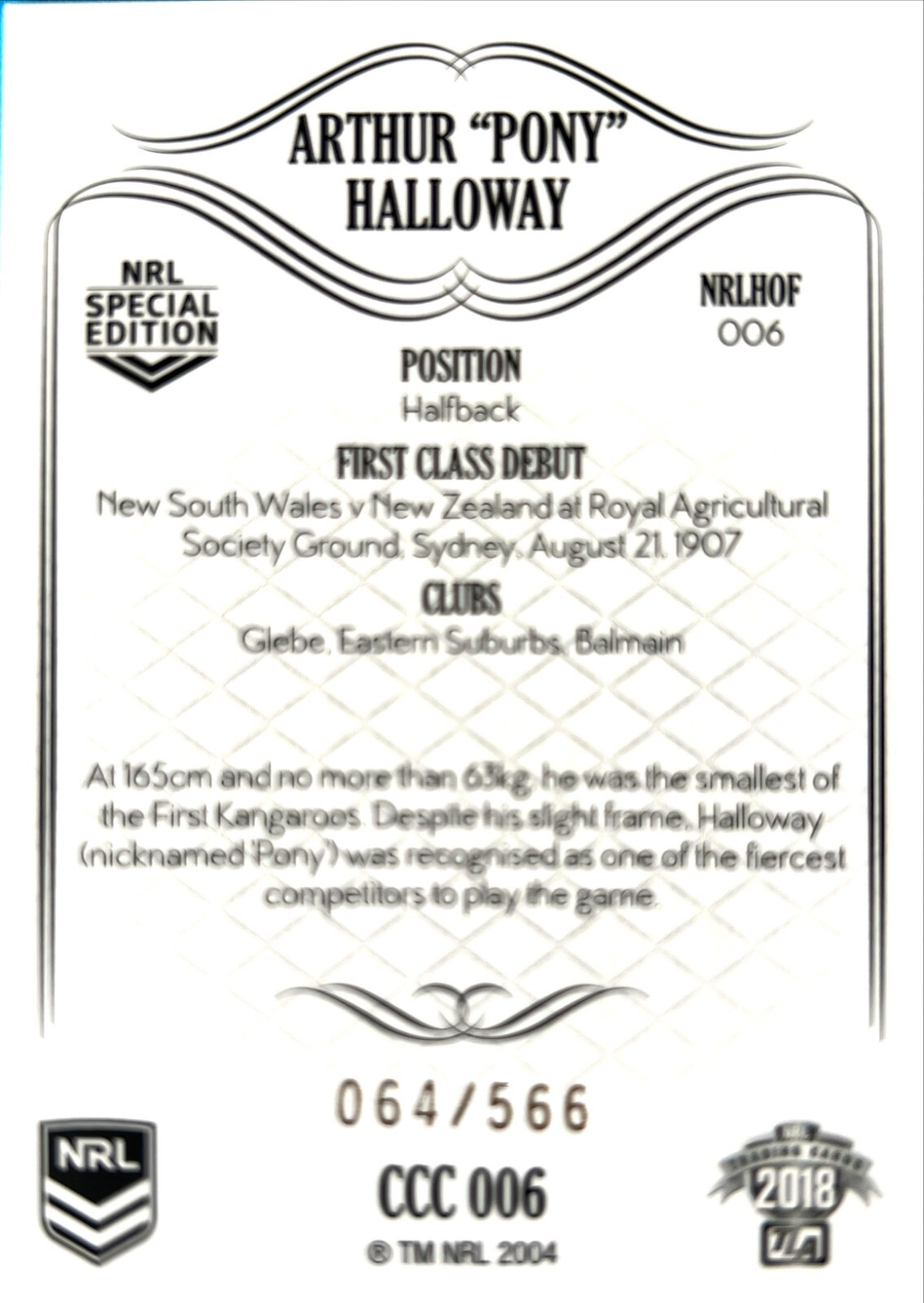 2018 NRL GLORY CHARTER CLASS CHROME ARTHUR "PONY"HALLOWAY PARALLEL CARD ...
