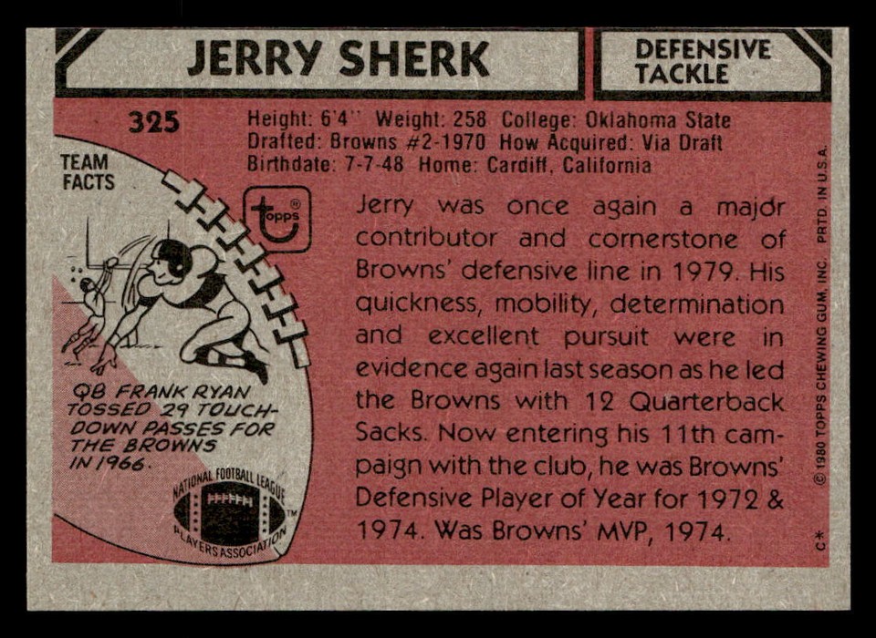 Jerry Sherk 1980 Topps Card #325 Cleveland Browns | eBay