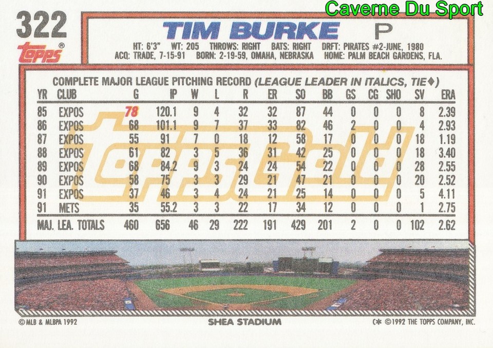 #322 TIM BURKE NEW YORK METS TOPPS GOLD BASEBALL CARD 1992 ORIGINAL | eBay