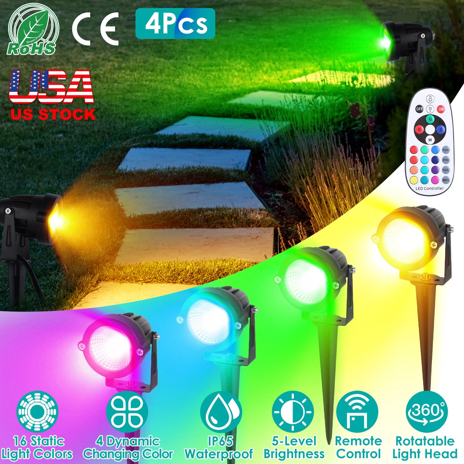 4pcs Landscape Lights 6W Spotlights Outdoor RGB Color Changing LED Yard ...