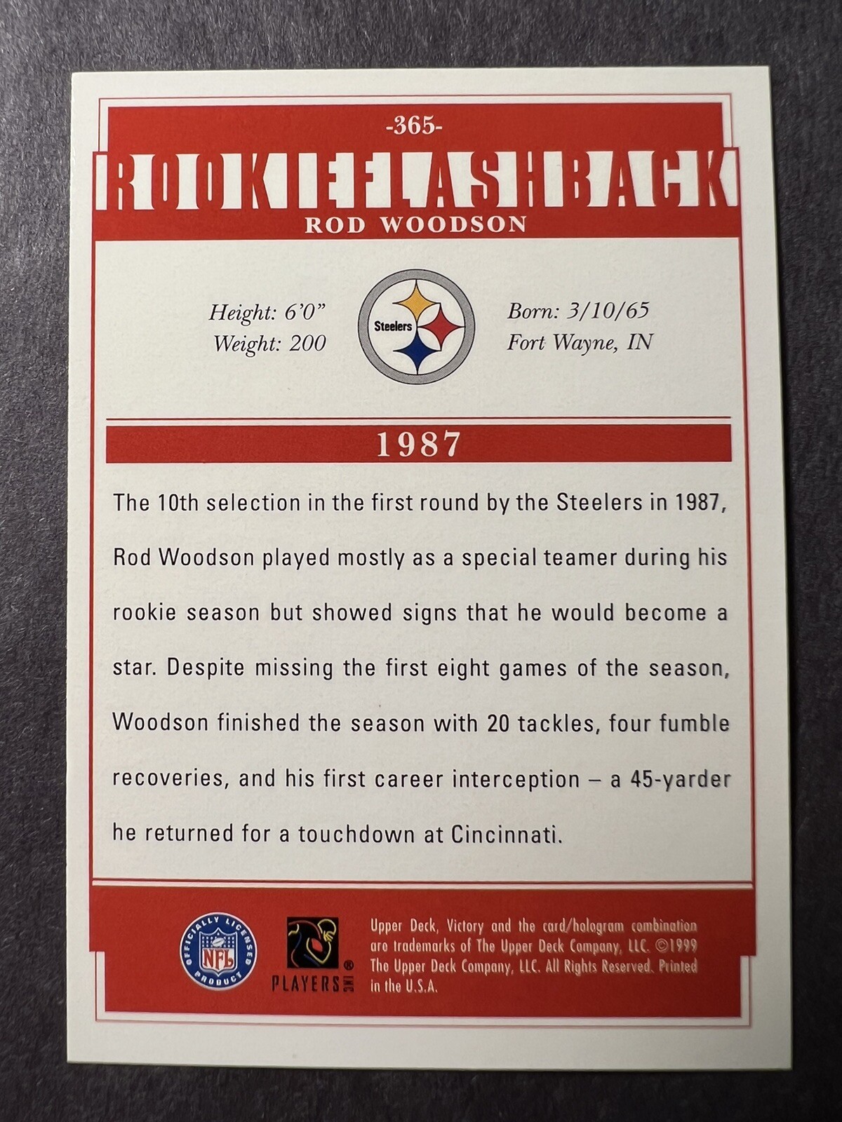 1999 Upper Deck Victory - Rookie Flashback Rod Woodson #365 for sale ...