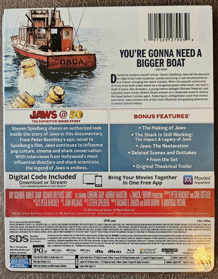 Jaws 50th Anniversary Steelbook 4K UHD BluRay Roy Scheider Dreyfuss ...