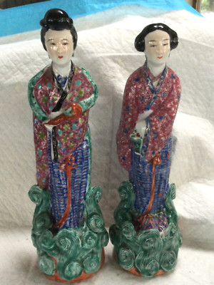 VINTAGE SHIWAN WARE POTTERY HAND PAINTED CHINA GEISHA PAIR FIGURINES ...