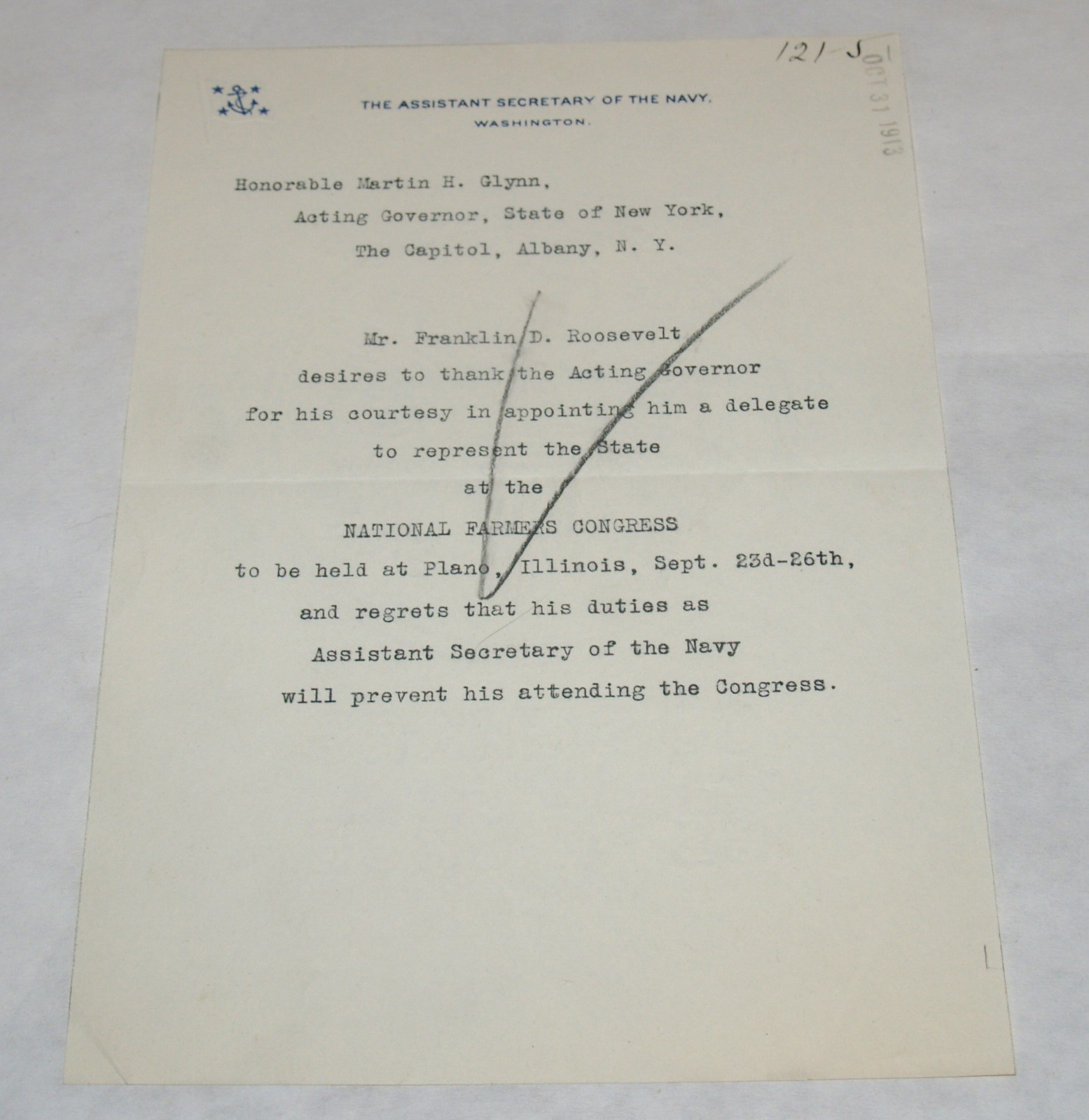 FRANKLIN D. ROOSEVELT FDR ASSISTANT SECRETARY OF THE NAVY 1913 LETTER ...