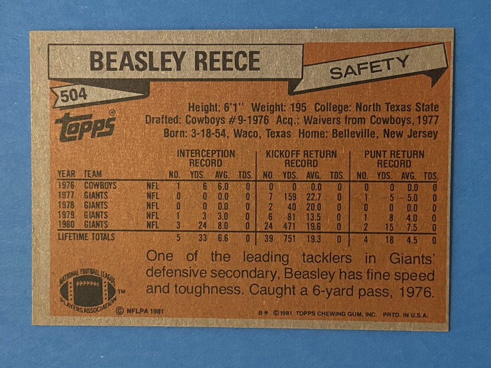 BEASLEY REECE Signed 1981 Topps #504 NY Giants North Texas State ...