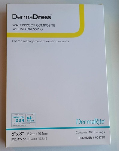 DermaRite DermaDress Waterproof Composite Bordered Wound Dressing 6"x8 ...