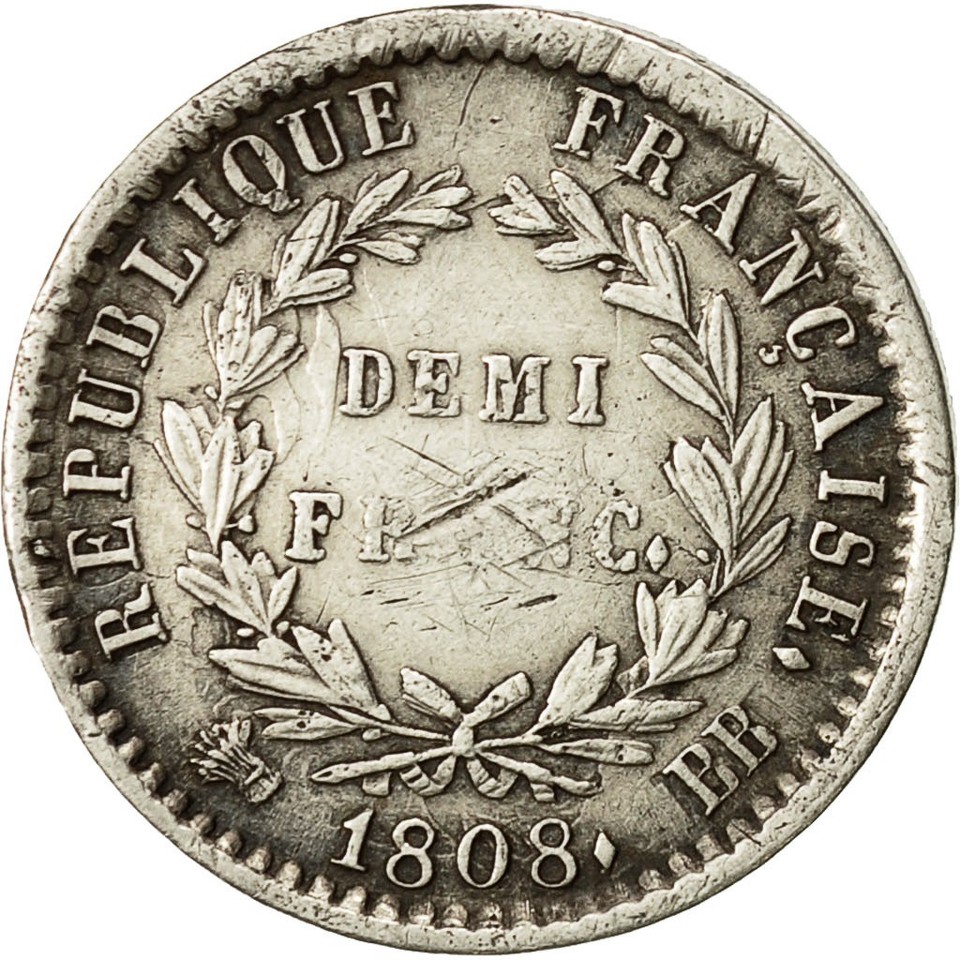 [#493087] Coin, France, Napoléon I, 1/2 Franc, 1808, Strasbourg, EF ...