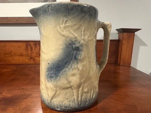 Antique Blue and White Salt Glaze Stoneware stag and pine trees pitcher ...