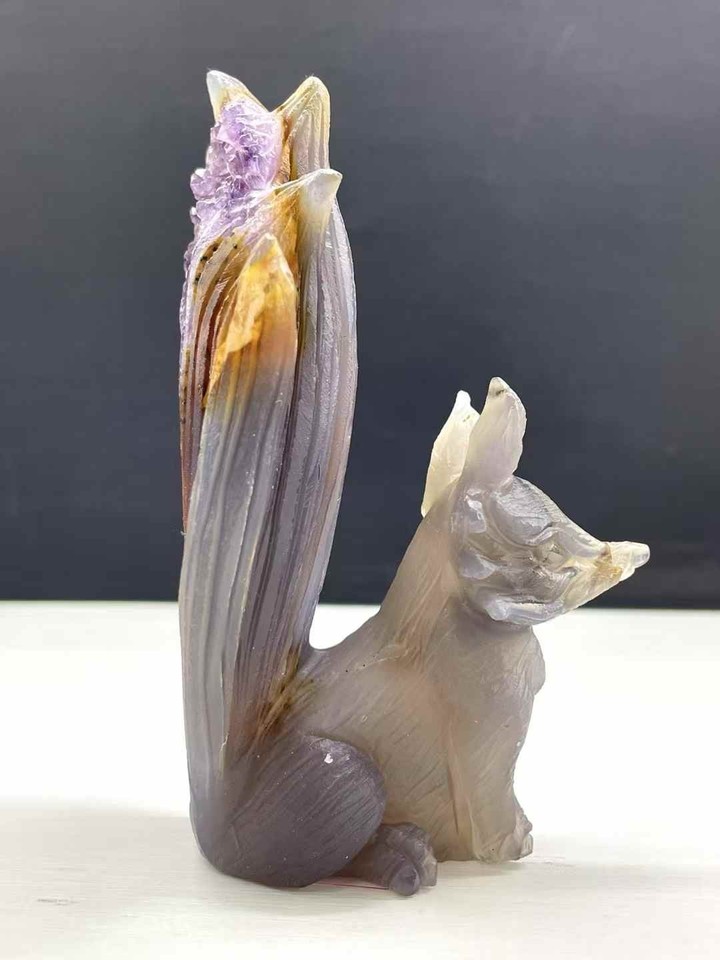 1pc Natural Amethyst Geode Quartz Carved nine-tailed fox Crystal Reiki ...
