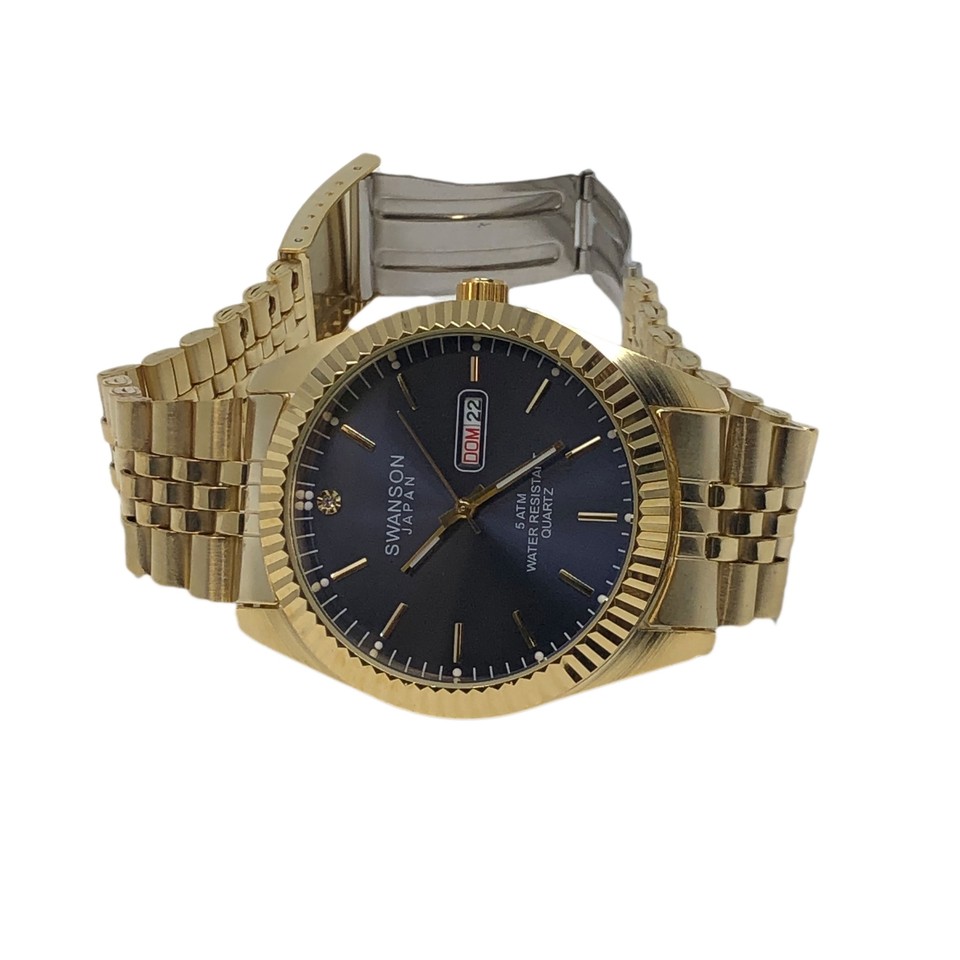 Men's Swanson Japan Watch BLUE Dial 45mm -Gold Band W/ One Stone | eBay