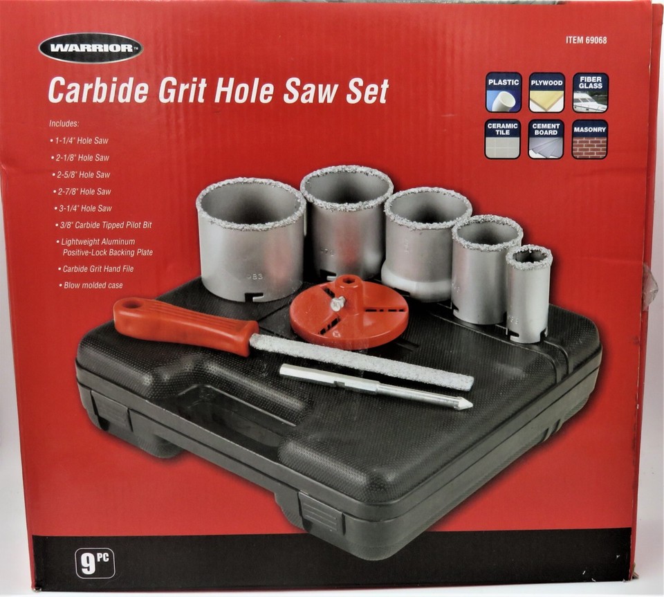 Warrior 9-pc CARBIDE GRIT HOLE SAW SET 69068 1-1/4” to 3-1/4” Pilot Bit ...