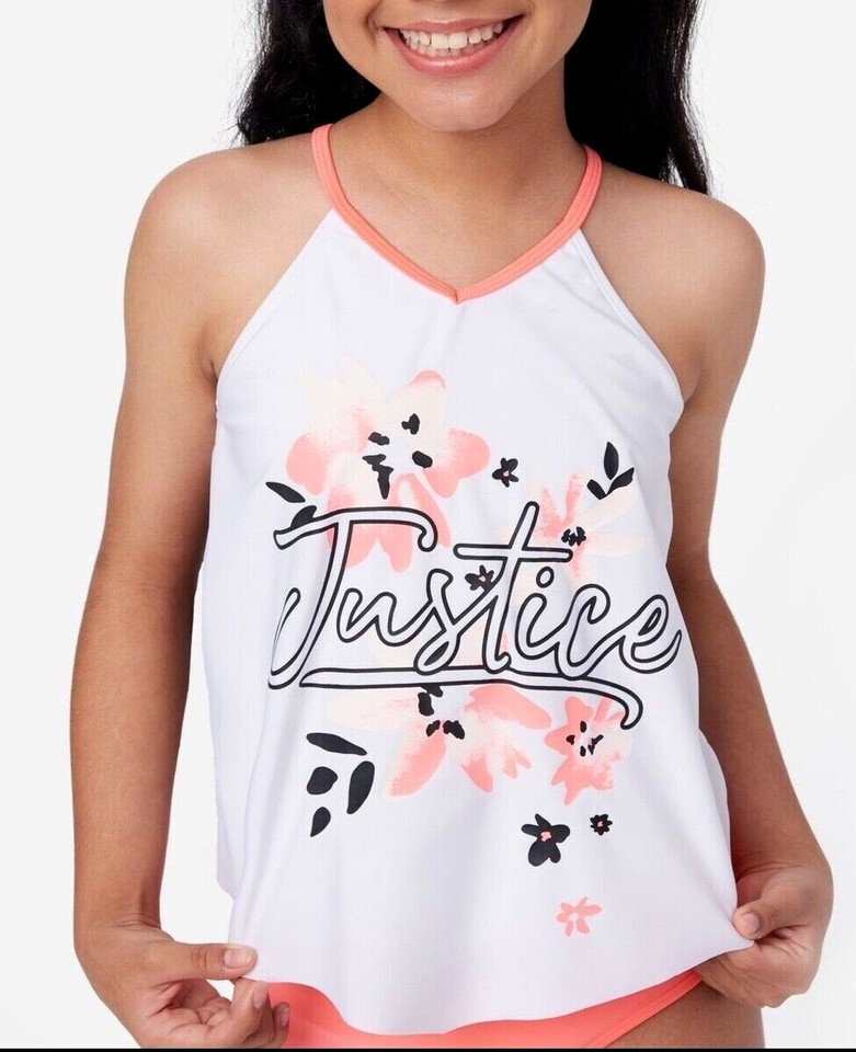 JUSTICE Girls Swimsuit Tankini Floral Black Coral Pink Bikini 10 16 18 ...