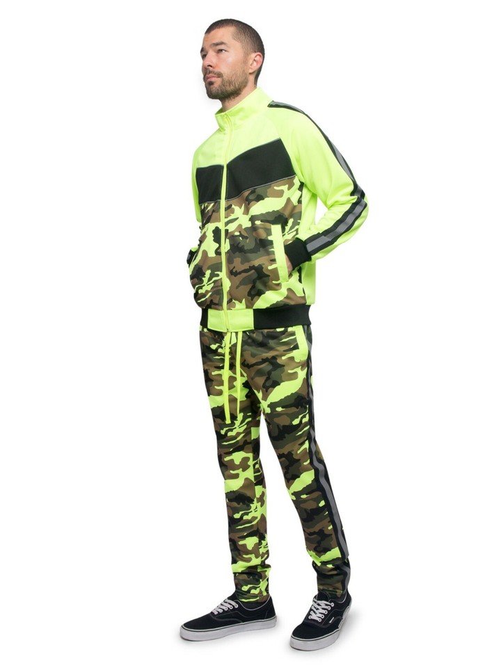 Men's Reflective Neon Camo Track Suits Pant&Jacket 2 Piece Sweatsuit ...