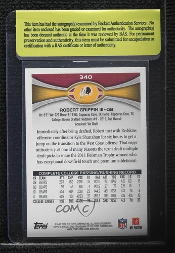 BAS 2012 Topps Robert Griffin III (Throwing) #340 Seal of Authenticity ...