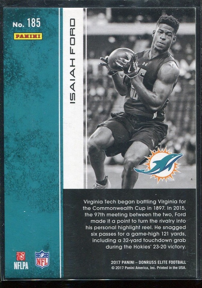 2017 Panini Donruss Elite Isaiah Ford /99 Silver Foil RC #185 Miami ...