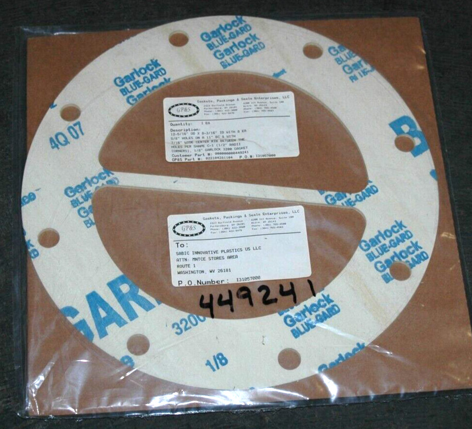 GASKET, HEAT EXCHANGER 1/8" GARLOCK 3200 OD=12-5/16" ID=8-3/16"(8) 5/8 ...