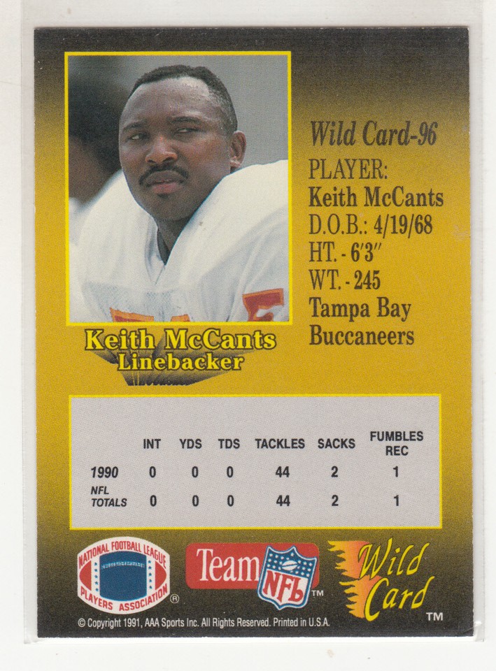 KEITH McCANTS 1991 Wild Card NFL #96 Parallel 5 Stripe Buccaneeers Mint ...