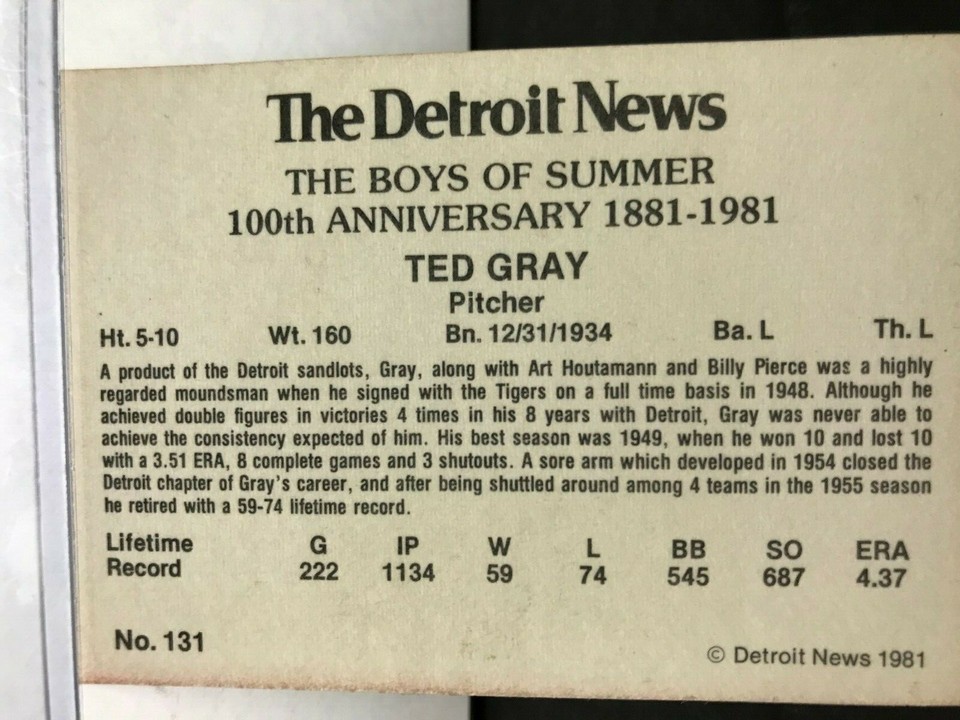 TED GRAY 1981 AUTOGRAPHED BOYS OF SUMMER DETROIT NEWS CARD | eBay