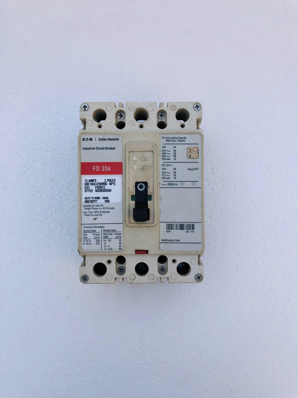 EATON CUTLER HAMMER FD3015 FD 35K INDUSTRIAL CIRCUIT BREAKER 15A 600 ...