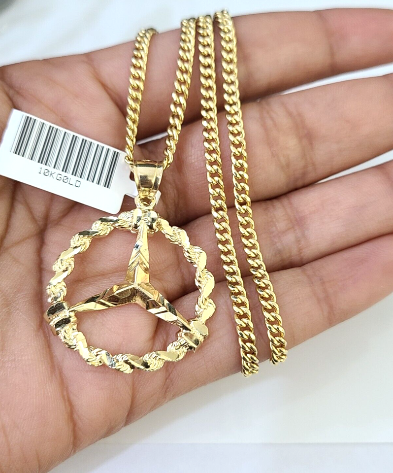 10k Gold Miami Cuban Chain & Round Charm Pendent SET 3mm 20 Inches ...