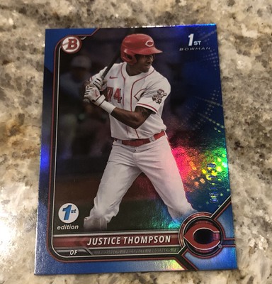 2022 Bowman 1st Edition JUSTICE THOMPSON Blue Foil #d 150 Reds 1st ...