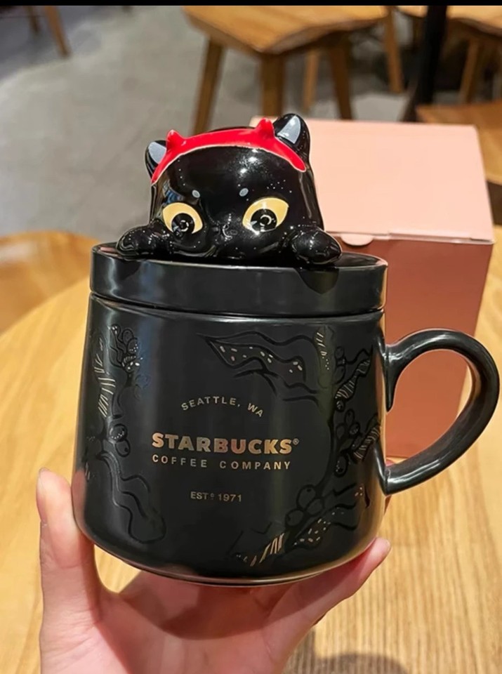 NEW Starbucks Mug Halloween Cute Devil Horn Cat Coffee Ceramic Cup Lid ...