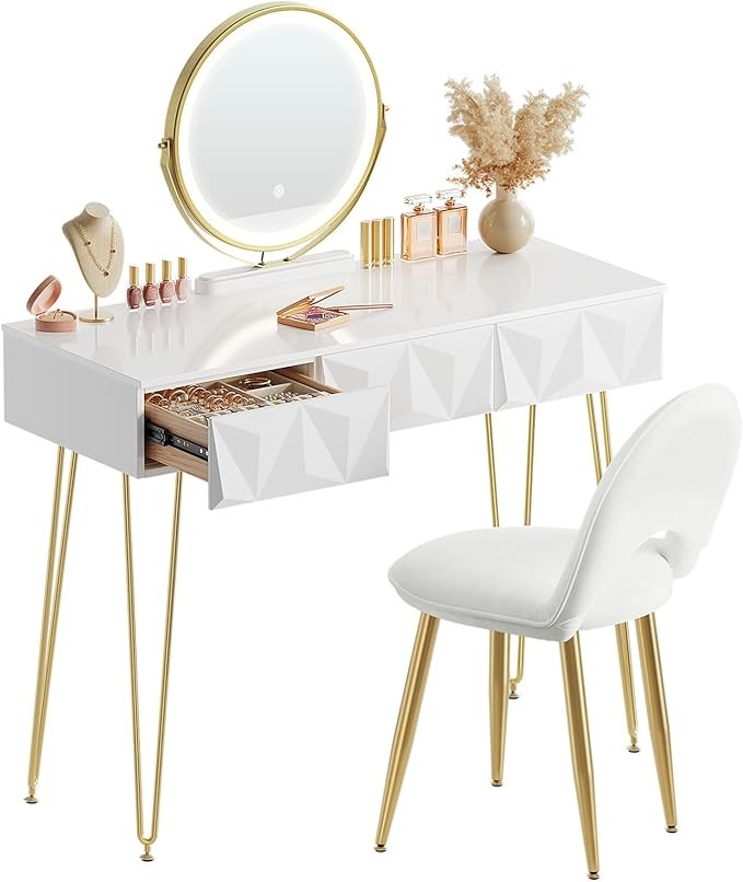 EUGAD Dressing Table and Vanity Stool Set, Makeup Table with Mirror ...