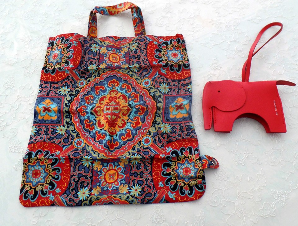 New Jim Thompson Silk Shopping Bag Red Leather Elephant Carrier ...