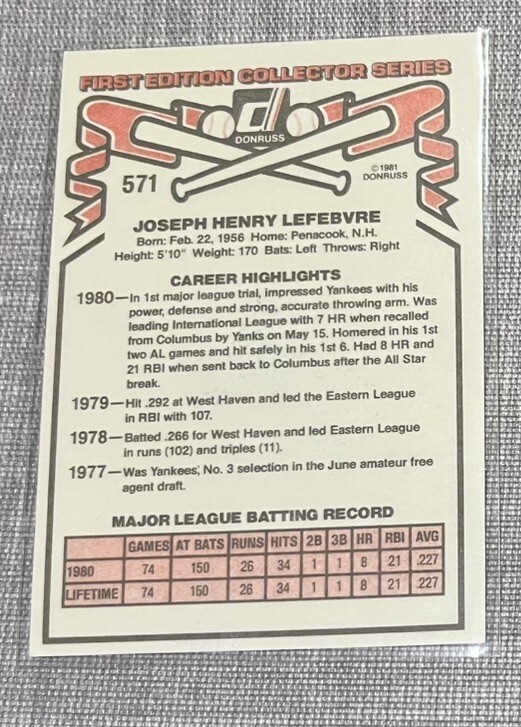 1981 Donruss Joe Lefebvre #571 Rookie RC Auto Autograph Signed New York ...