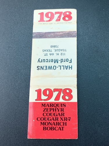 Vintage Texas Matchbook: “Hall-Owens Ford Mercury 1978” Teague, TX | eBay