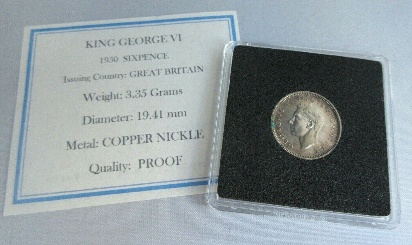1950 KING GEORGE VI SIXPENCE 6d PROOF COIN IN QUADRANT CAPSULE WITH COA ...