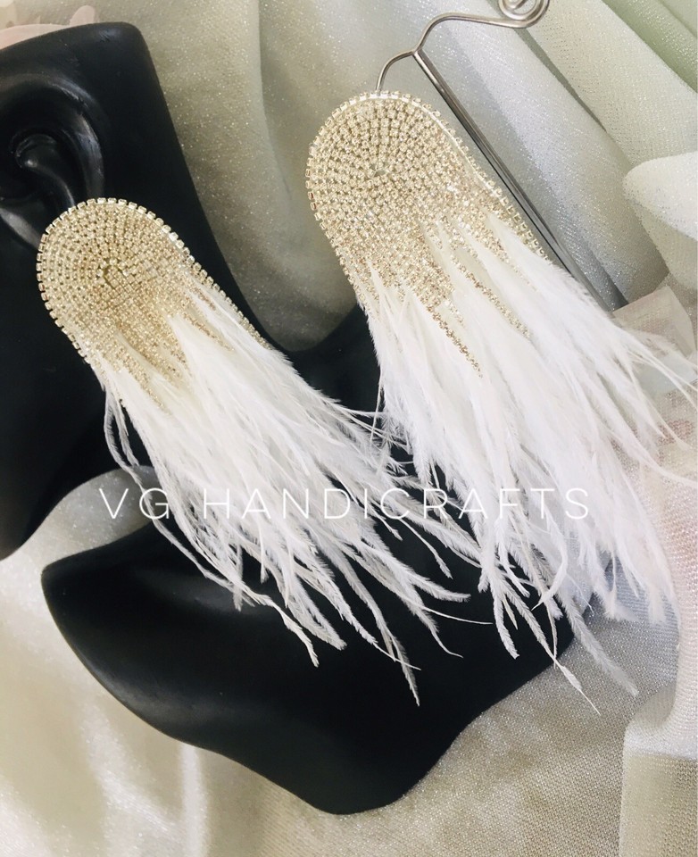 Sale! Beaded Exclusive Long Feather Rhinestone Shiny Earrings All ...