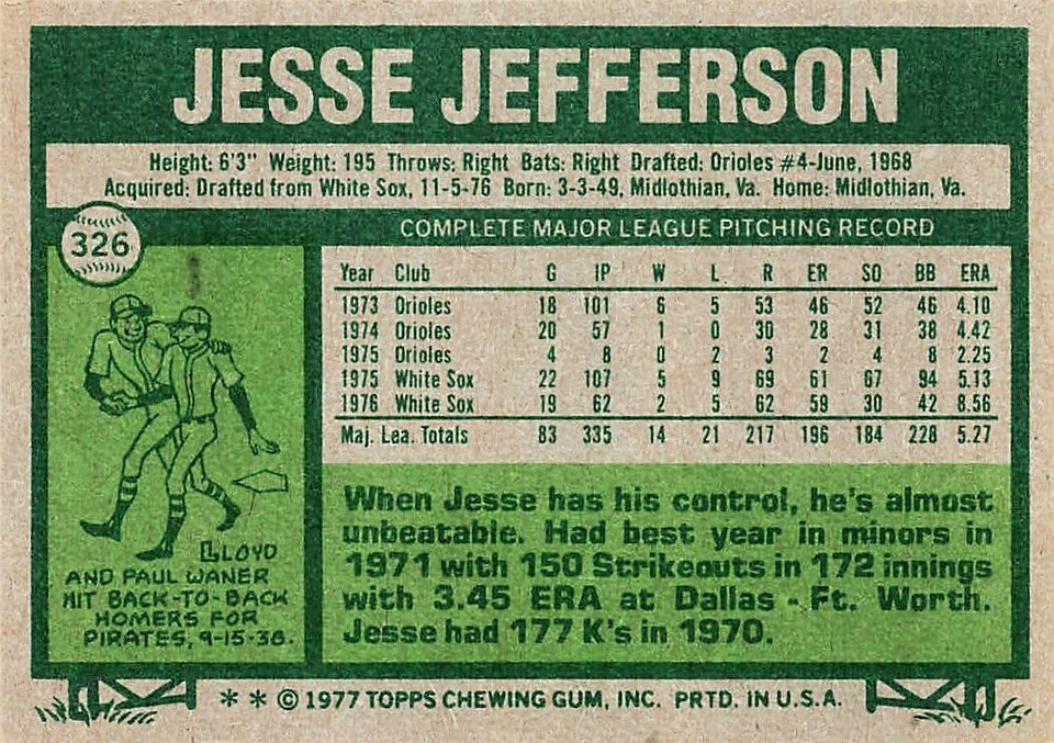 Jesse Jefferson 1977 TOPPS Baseball Card #326 | eBay