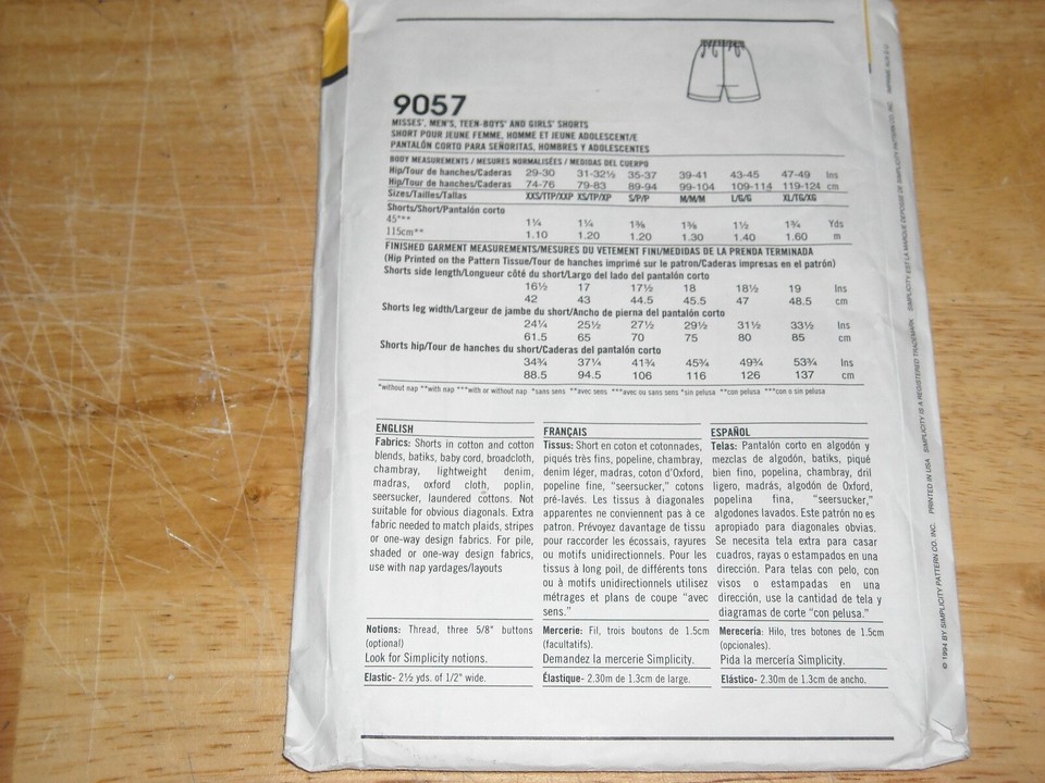 UNCIRCULATED SIMPLICITY #9057-ADULT SHORTS or BOXER SHORTS PATTERN XXS ...