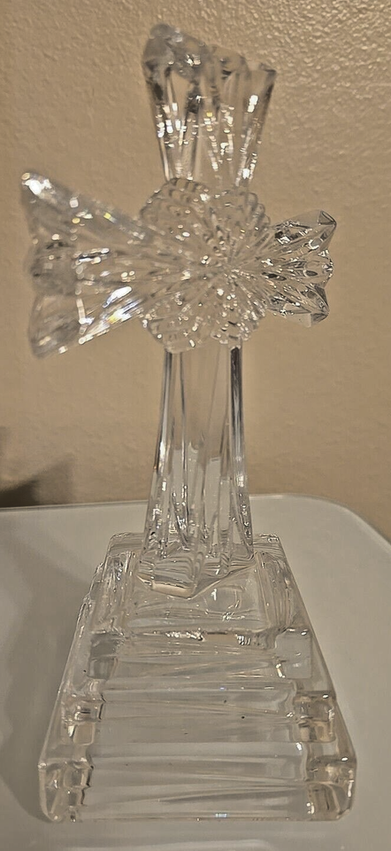 Vintage Crystal Clear 8" Tall Mantle Cross Crucifix Stand 3 Tier Base ...