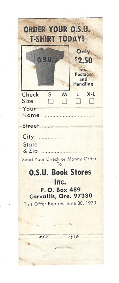 Vtg 1970 OREGON STATE UNIVERSITY Beavers OSU Bookstore MATCHBOOK COVER ...