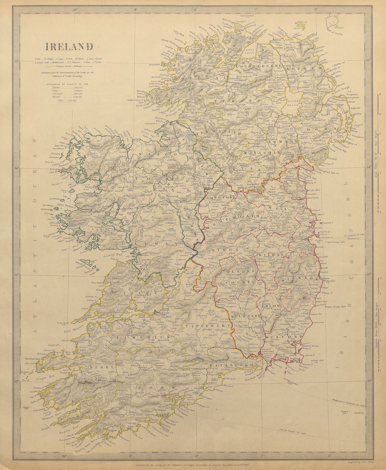 IRELAND with roads. 1st Irish railway Kingstown-Dublin-Drogheda SDUK ...