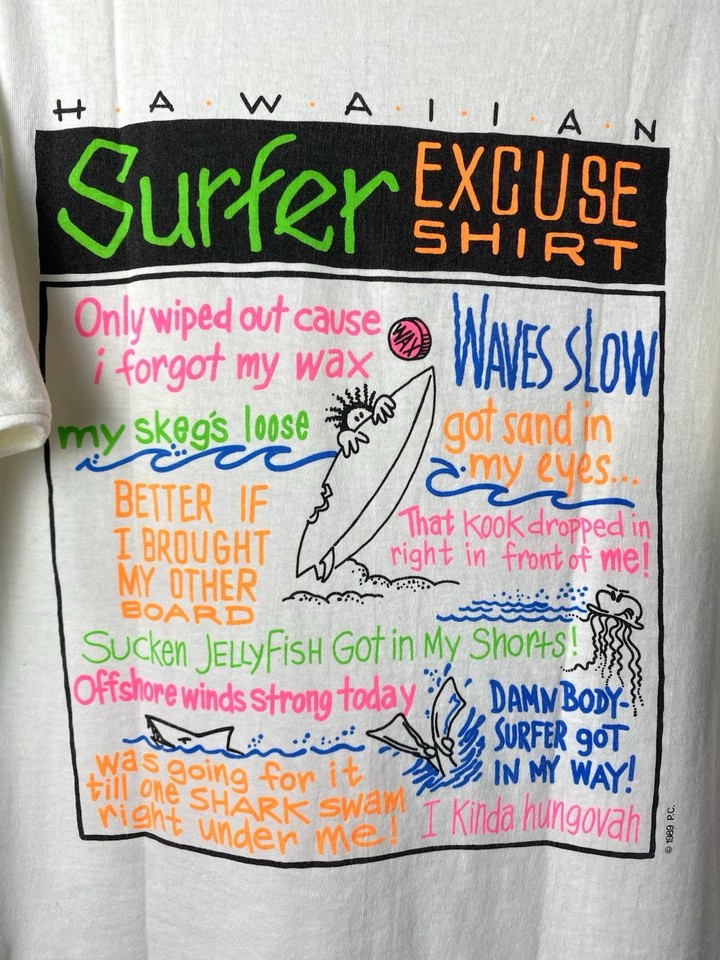 1989 Vintage Surfer Excuse T Shirt Stussy White L Size | eBay