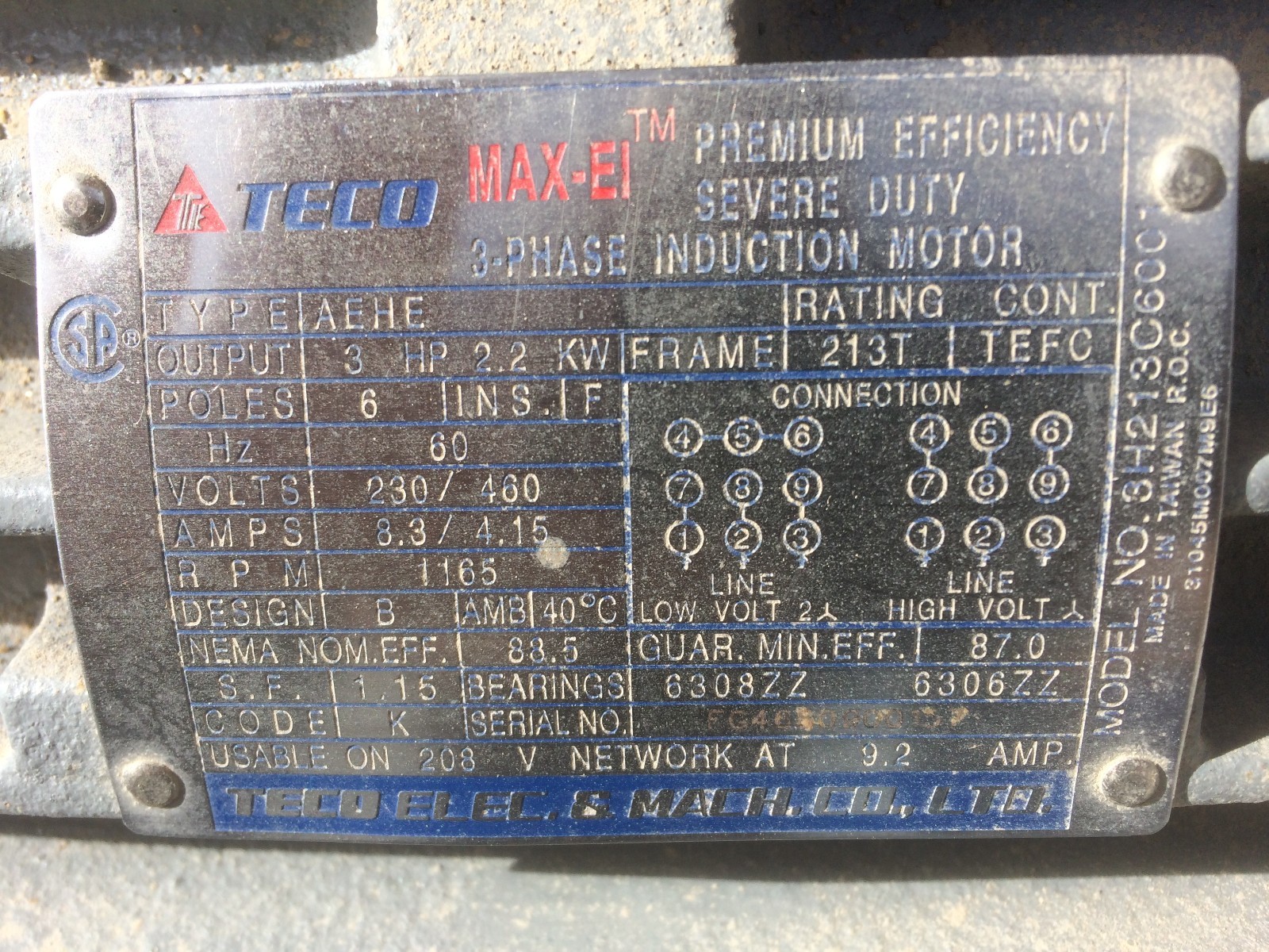 Teco Westinghouse 3HP Max-E1 Severe Duty Motor, 230/460V, AEHE, 1165 ...