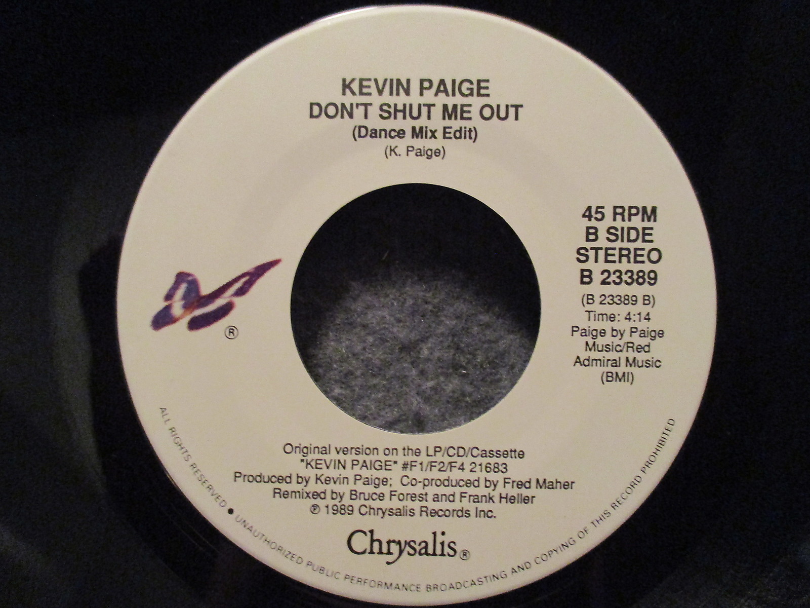 45 RPM 7" Record Kevin Paige Dont Shut Me Out 1989 Chrysalis Records B ...