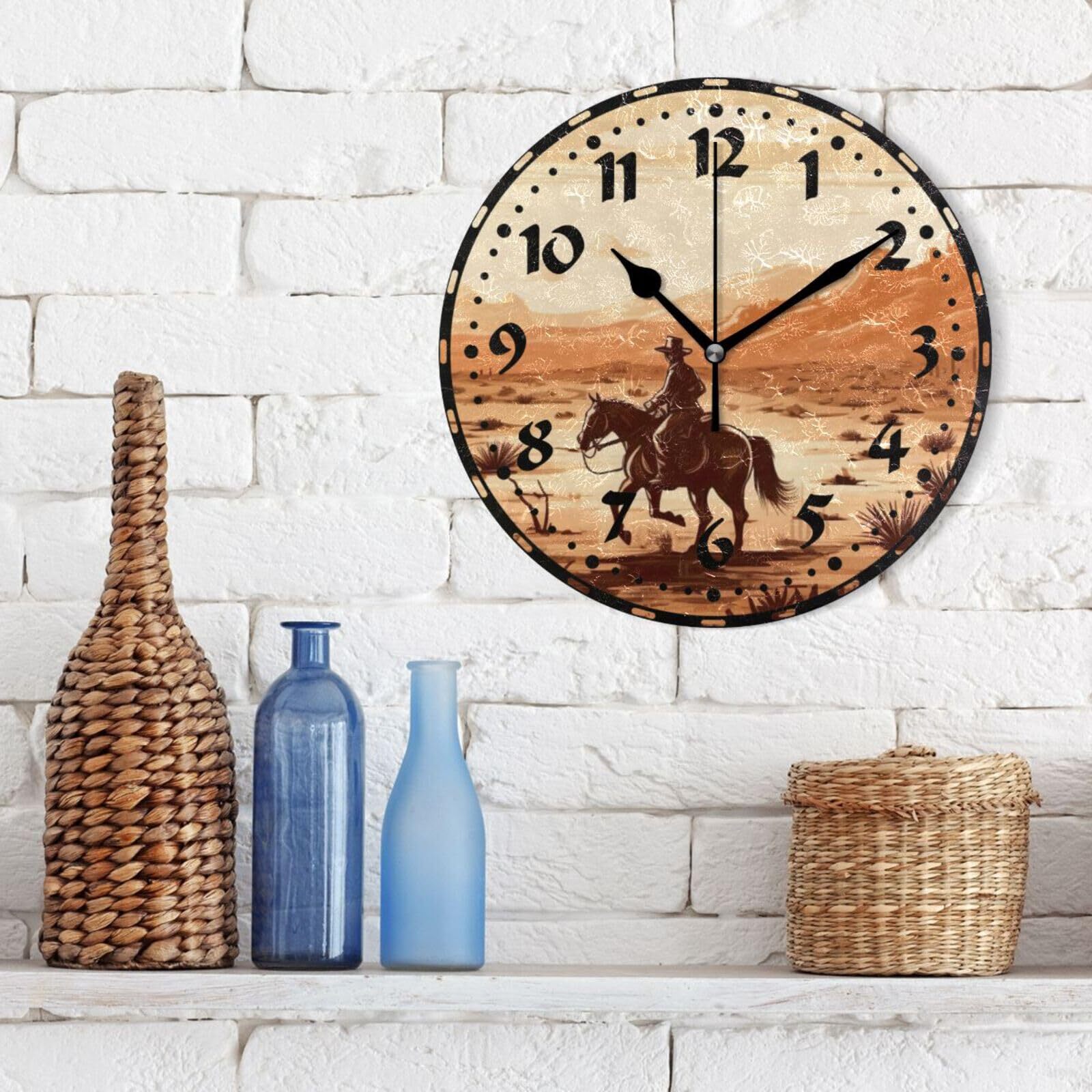 Vintage Western Cowboy Wall Clock Silent Non Ticking 10 Inch Battery ...