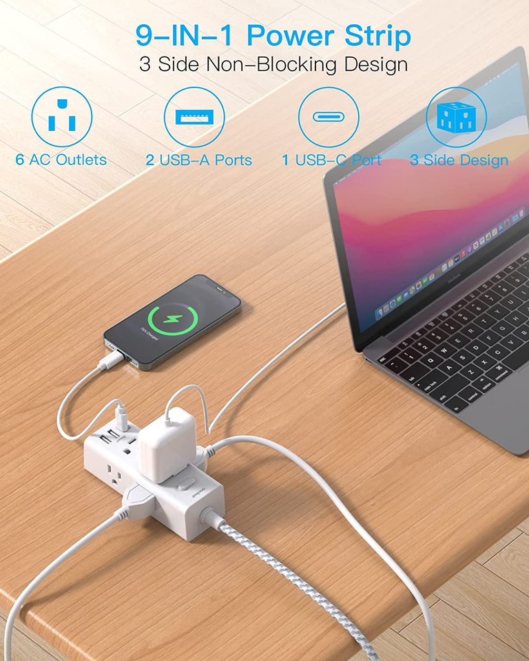 6 Outlets Power Strip Surge Protector Wall Adapter Tap Multi Plug - 1 ...