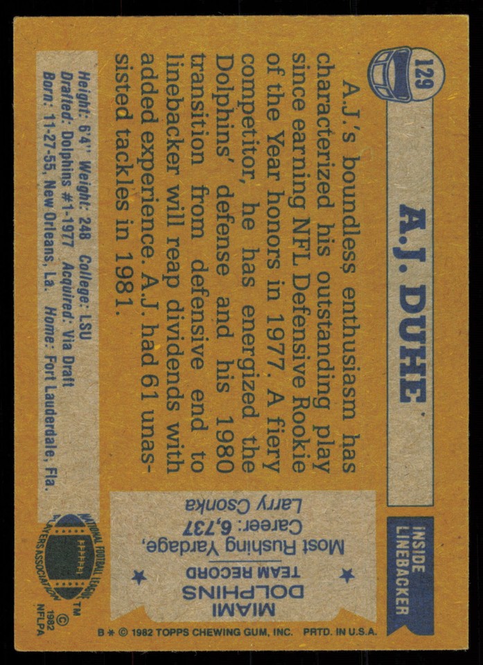 1982 Topps Football #129 A.J. Duhe Miami Dolphins | eBay