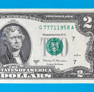 LUCKY January 1958 (G 777 1 1958 A) $2 Two Dollar Bill Serial Number ...