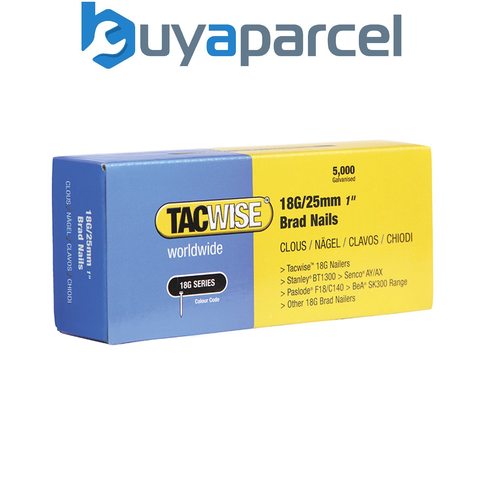 Tacwise 18G 25mm Galvanised Brads Nails 18 Gauge 5000 Box 0396 DGN50V ...