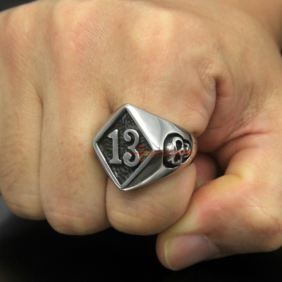 Men's Lucky Angel Number Numeral 13 Stainless Steel Skull Biker Ring ...