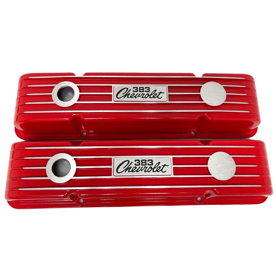 Small Block Chevy 383 Chevrolet Logo Classic Finned Red Valve Covers ...