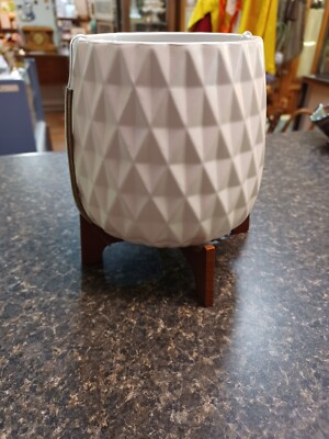 MCM Mid Mod Ceramic Planter on Wood Stand Geometric Teleflora | eBay