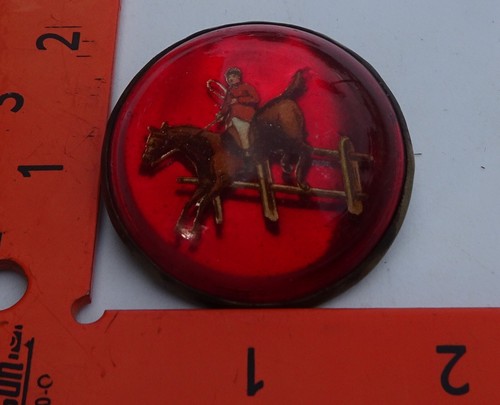 Horse Bridle Rosette pin brooch red with jumping hurdle horse rider ...