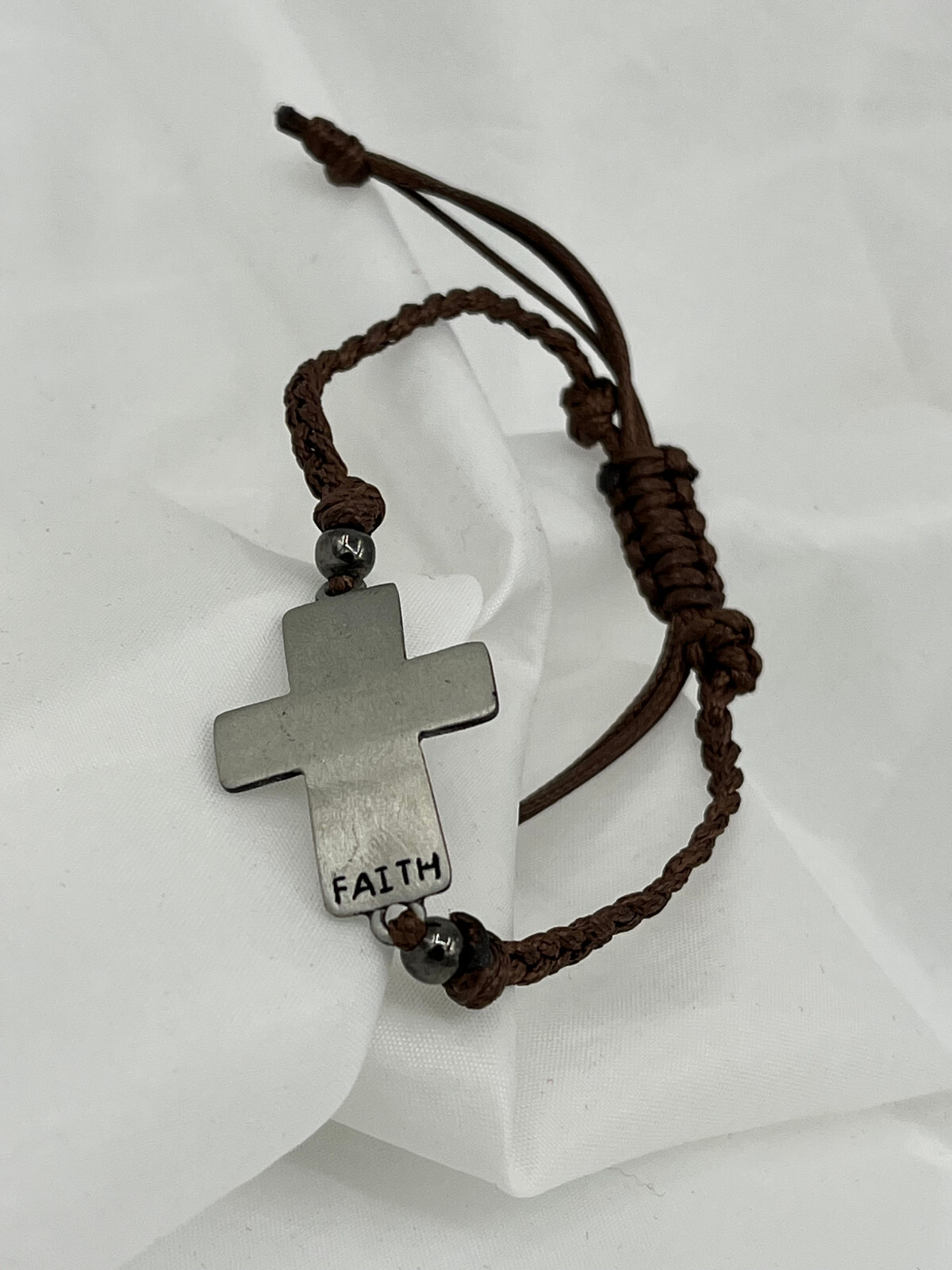 Gunmetal Cross with Faith and Brown Cotton Cord Adjustable Macrame ...